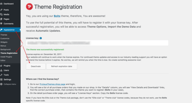 Deactivate or remove license key from the theme - ProteusThemes
